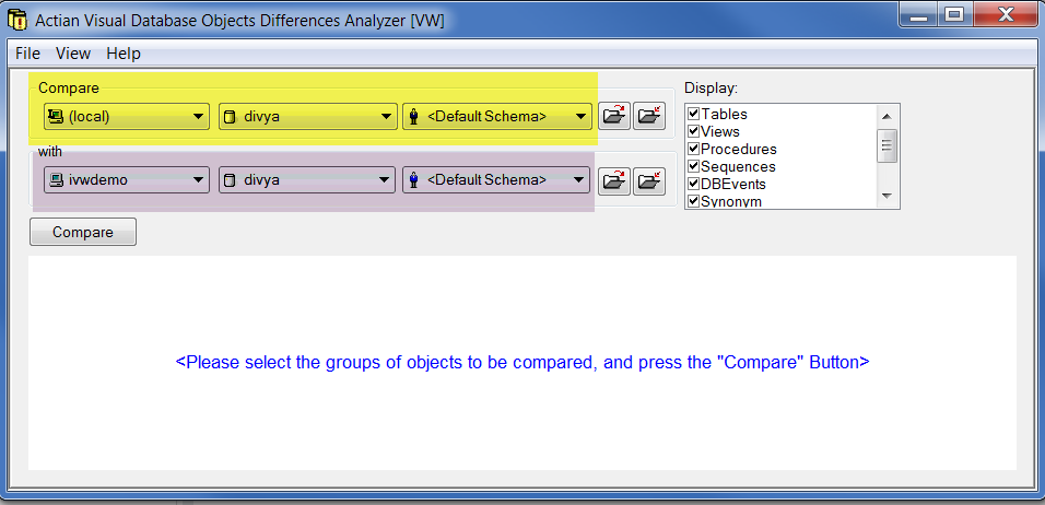 Ingres Visual Database Objects Differences Analyzer